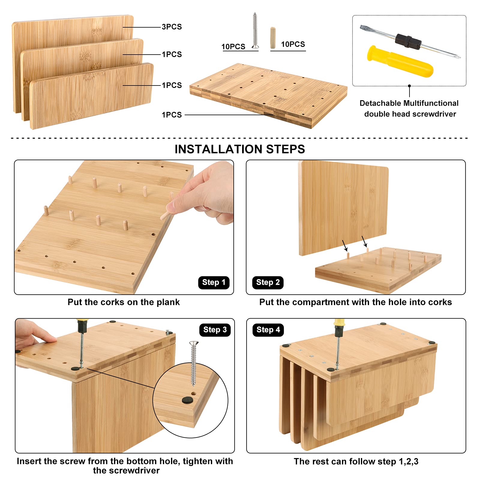 100% Bamboo Desk File Mail Organizer Countertop, 4 Slots Wood Desktop File Folder Sorter Holder Organizer for Document Letter Envelope Mail Paper Folder Bill Filing, Paper Letter Desk Tray Organizer