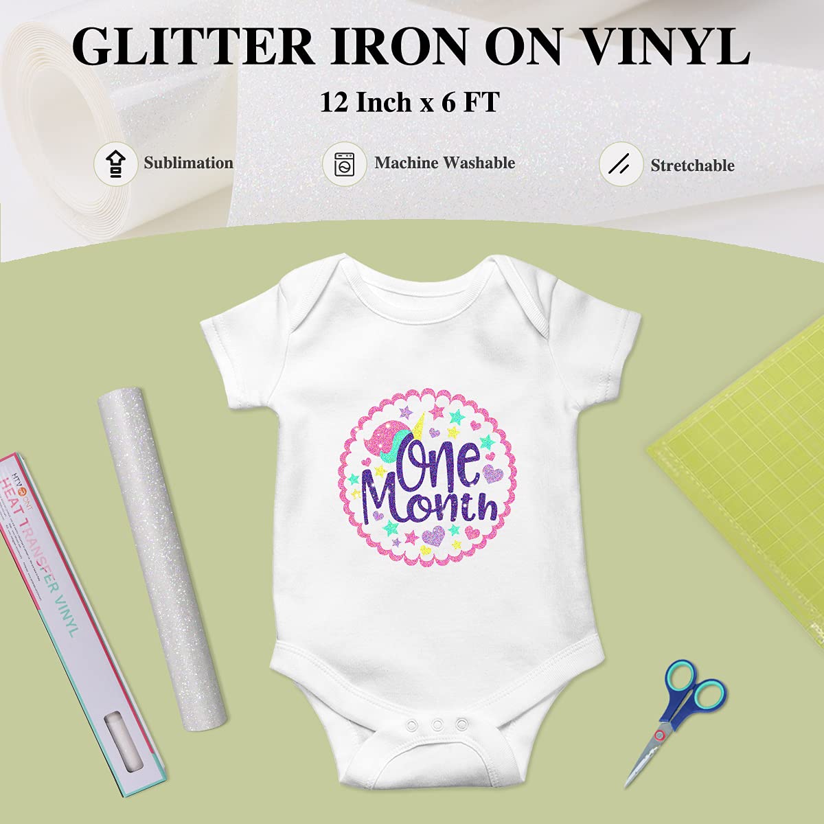 HTVRONT Rainbow White Glitter HTV Vinyl Roll-12" x 6 FT White Glitter Heat Transfer Vinyl Bundle, White Glitter Iron on Vinyl for Cricut & Silhouette Cameo