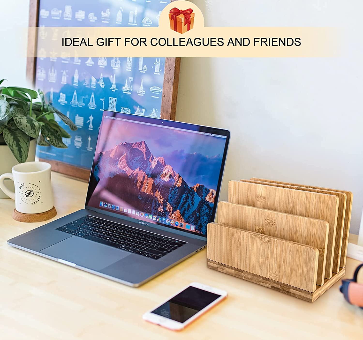 100% Bamboo Desk File Mail Organizer Countertop, 4 Slots Wood Desktop File Folder Sorter Holder Organizer for Document Letter Envelope Mail Paper Folder Bill Filing, Paper Letter Desk Tray Organizer