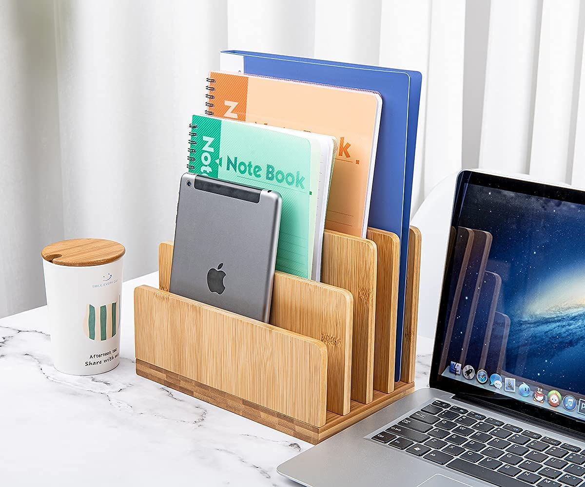 100% Bamboo Desk File Mail Organizer Countertop, 4 Slots Wood Desktop File Folder Sorter Holder Organizer for Document Letter Envelope Mail Paper Folder Bill Filing, Paper Letter Desk Tray Organizer