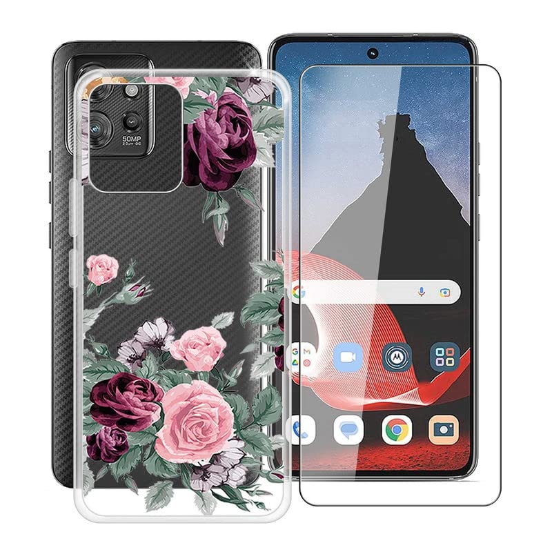 HGJTF Phone Case for Motorola ThinkPhone (6.6") with 1 X Tempered Glass Screen Protector, Slim Clear Shockproof X Anti-Scratch Soft TPU Gel Cover for Motorola ThinkPhone - Red Rose