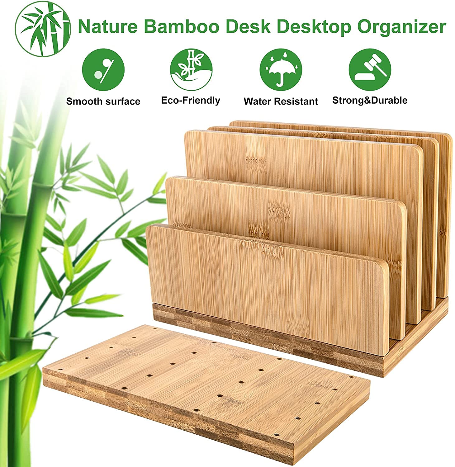 100% Bamboo Desk File Mail Organizer Countertop, 4 Slots Wood Desktop File Folder Sorter Holder Organizer for Document Letter Envelope Mail Paper Folder Bill Filing, Paper Letter Desk Tray Organizer
