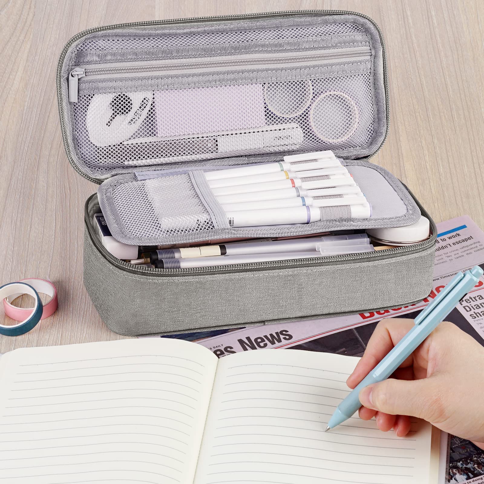 WEMATE Large Pencil Case, Foldable Design Canvas Pencil Pouch with Zipper Compartments & Handle, Aesthetic Pencil Case for Girls Adults Student, Stationery Pouch Pen Case for School Office