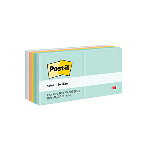 Post-it Notes, 3x3 in, 12 Pads, America's #1 Favorite Sticky Notes, Beachside CafƩ Collection, Pastel Colors (654-5UC)