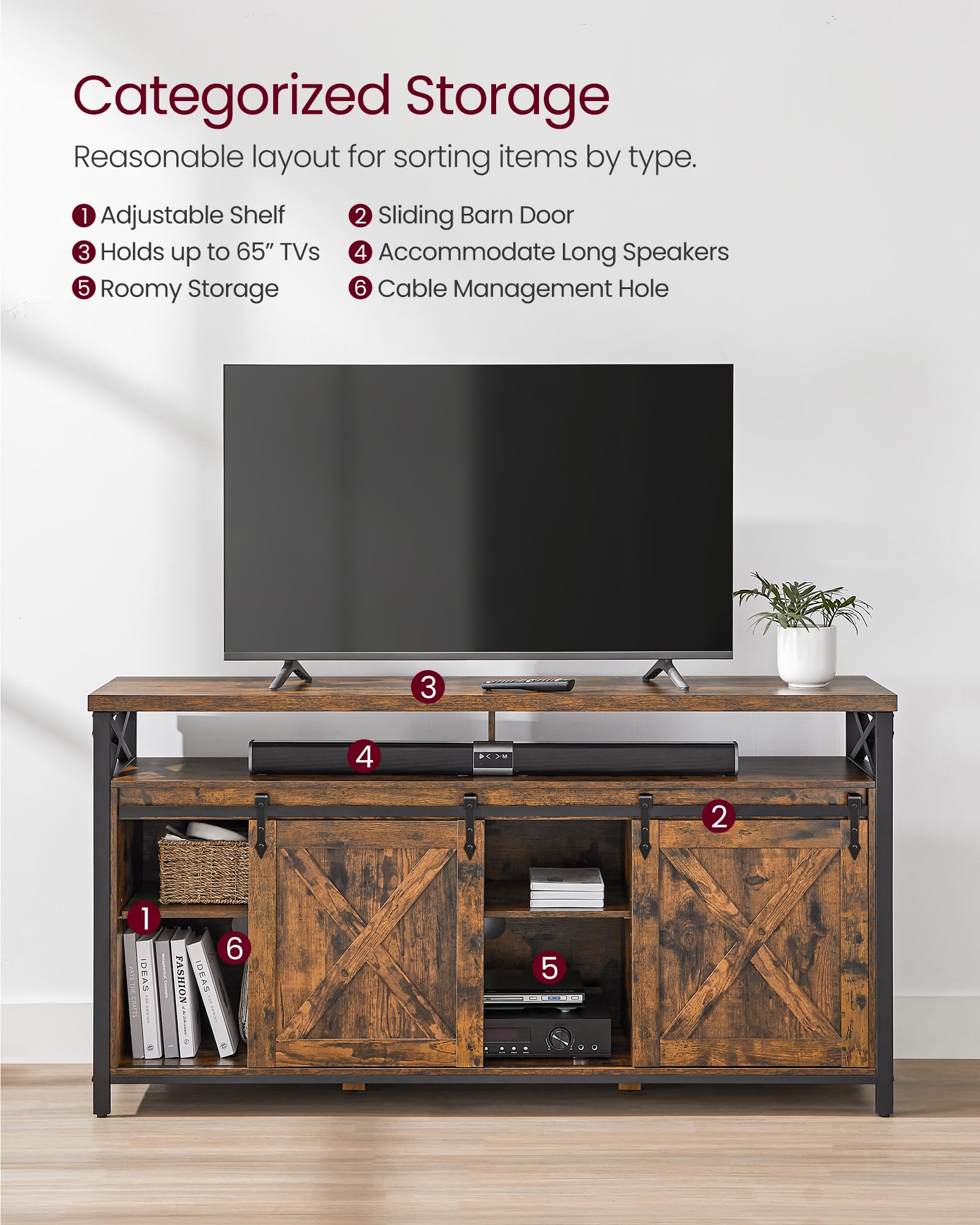 VASAGLE TV Stand for 65 Inch TV, Entertainment Center, TV Table and Console, TV Cabinet with Adjustable Shelves, Industrial Design, Rustic Brown and Black ULTV071B01