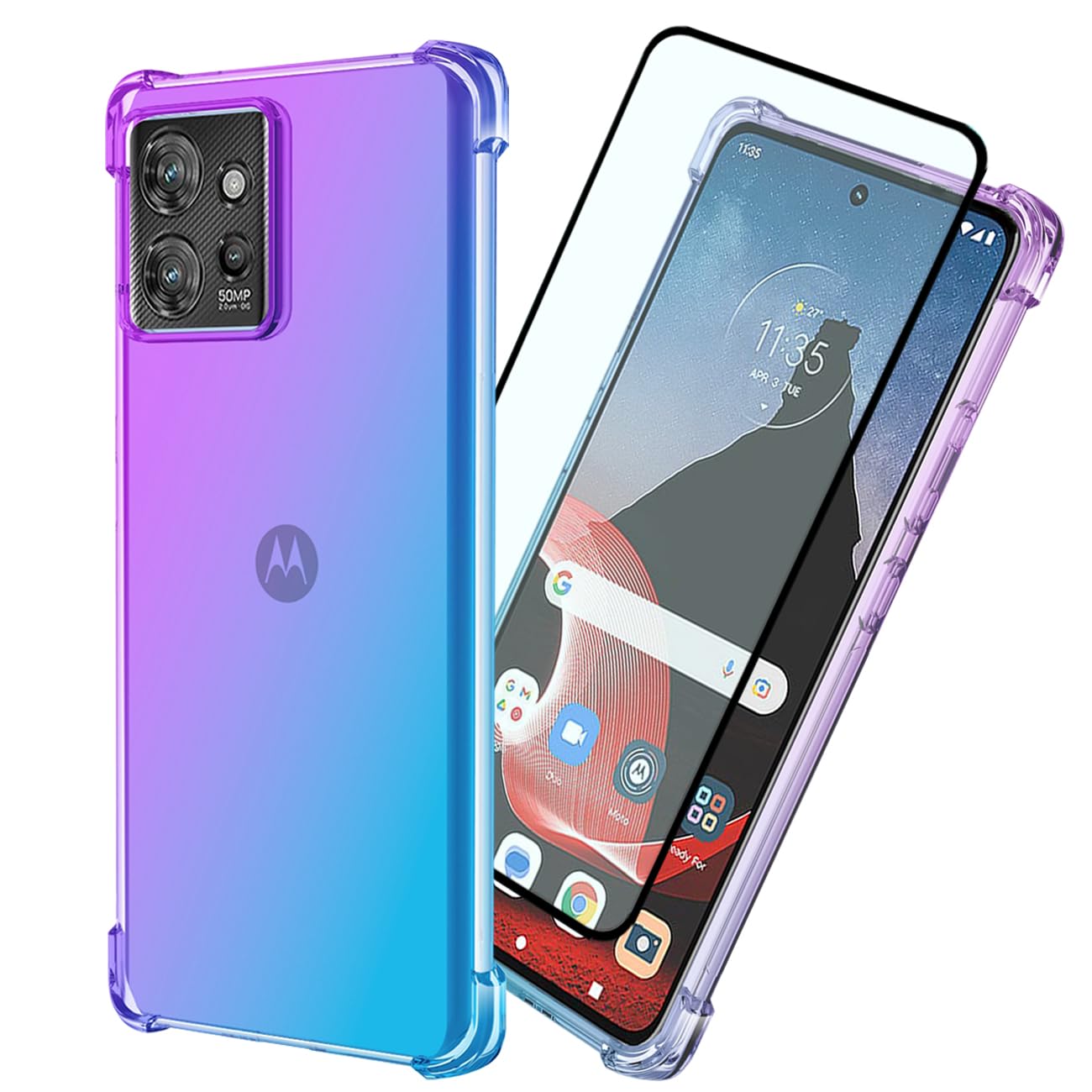 DFTCVBN Phone Case for Moto ThinkPhone Case, ThinkPhone 5G Case with HD Screen Protector, Crystal Rainbow Gradient Slim Clear Phone Cover TPU Back Protective Case for Motorola ThinkPhone Purple/Blue