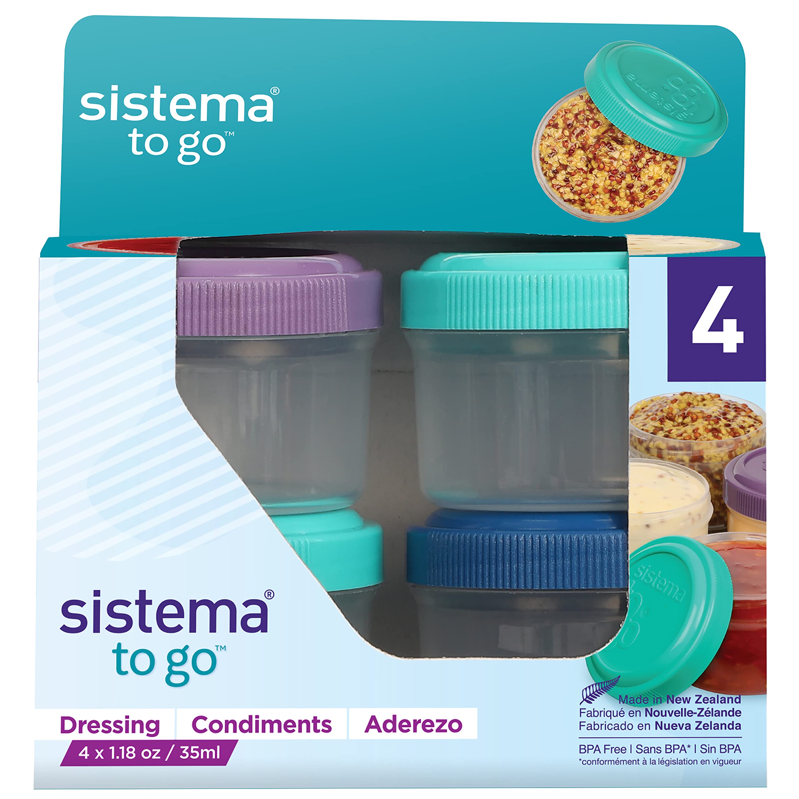 Sistema 4-Piece Salad Dressing and Condiment Containers with Lids for Lunch, Dishwasher Safe, 1.18-Ounce, Multicolor