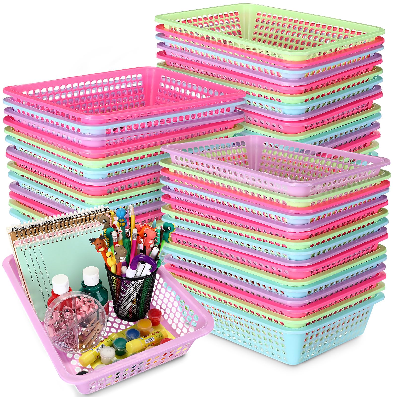 Zhehao 48 Pack Plastic Storage Baskets Classroom Colored Storage Baskets Paper Organizer Crayon and Pencil Toy Container for Teacher Student Home Office School, 13.6" L x 10.2" W x 3.3" H