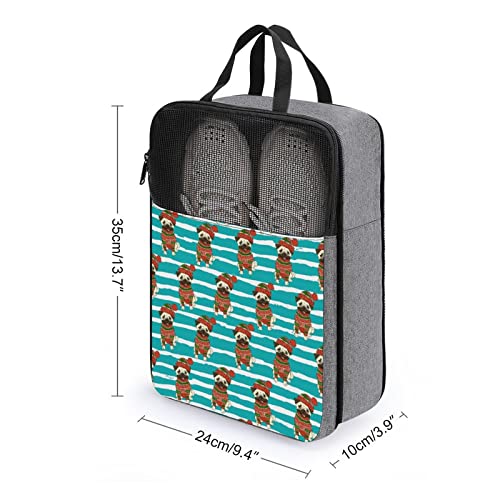 Frcavbin Christmas Holidays with A Pug in Sweater And Winter Hat Travel Shoe Bag Shoes Carrier with Handle and Zipper Foldable Shoe Puches Organizer for Home storage School starts