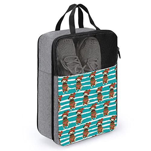 Frcavbin Christmas Holidays with A Pug in Sweater And Winter Hat Travel Shoe Bag Shoes Carrier with Handle and Zipper Foldable Shoe Puches Organizer for Home storage School starts