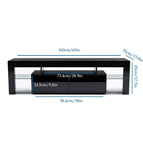 Vinctik 6&Fox LED Black TV Stand - Modern Entertainment Center with 2 Storage Drawers, LED Light, High Glossy Console, Media Furniture (65inch)