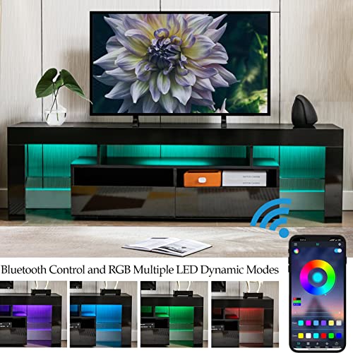 Vinctik 6&Fox LED Black TV Stand - Modern Entertainment Center with 2 Storage Drawers, LED Light, High Glossy Console, Media Furniture (65inch)