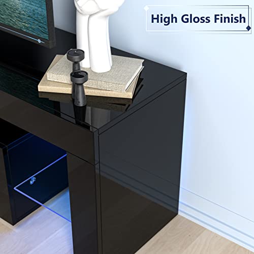 Vinctik 6&Fox LED Black TV Stand - Modern Entertainment Center with 2 Storage Drawers, LED Light, High Glossy Console, Media Furniture (65inch)