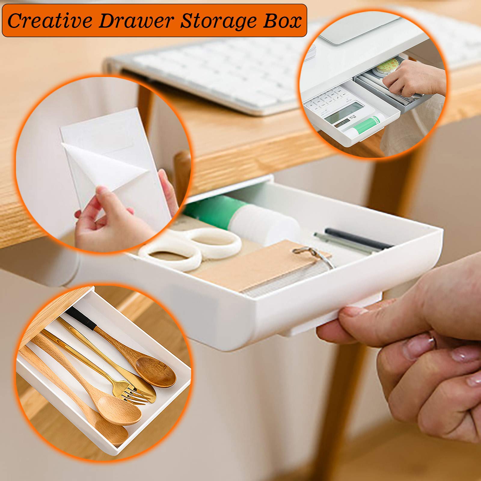 Under Desk Storage Drawers Self-Adhesive Slide Out Hidden Desktop Organizer Box for Pen Stationery Home Office School Kitchen Table Storage Tray(Grey)