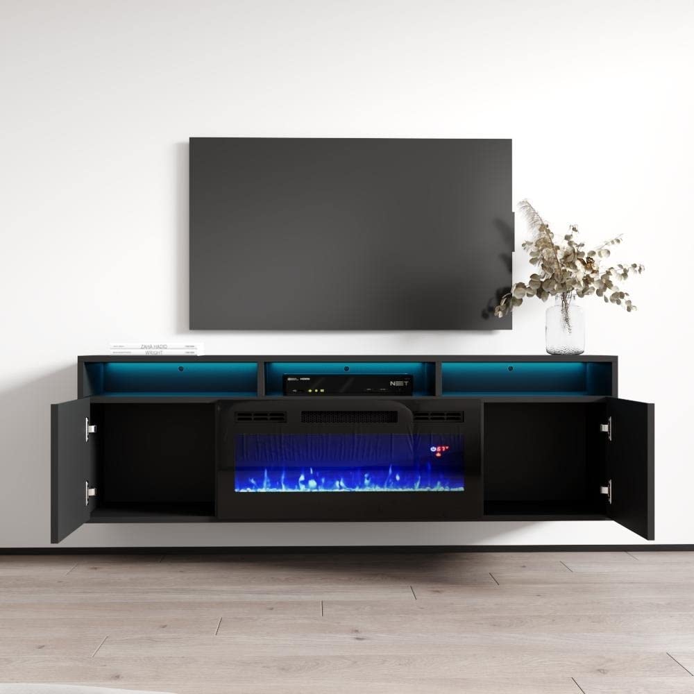 Meble Furniture Giza BL-EF 63'' Floating Fireplace TV Stand - Modern High Gloss TV Stand with Storage Cabinets - Central Entertainment Center Console Table for TVs up to 70" - Black