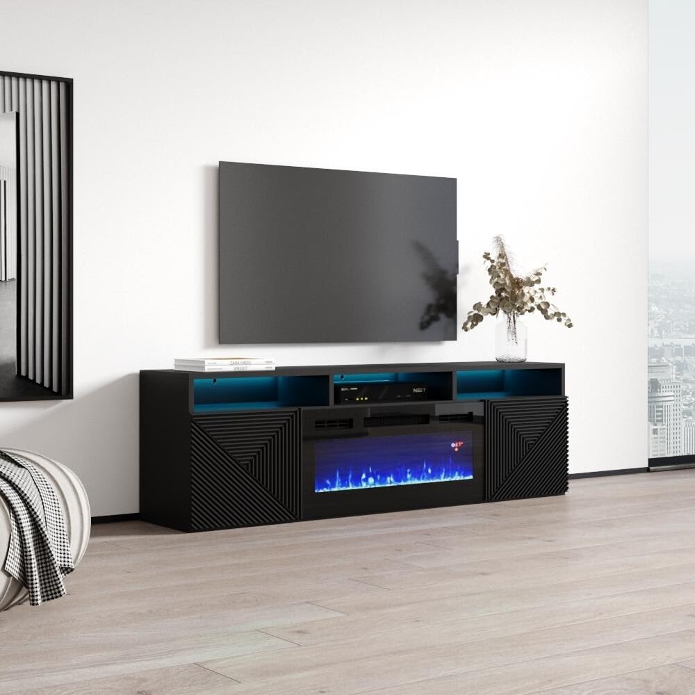 Meble Furniture Giza BL-EF 63'' Floating Fireplace TV Stand - Modern High Gloss TV Stand with Storage Cabinets - Central Entertainment Center Console Table for TVs up to 70" - Black