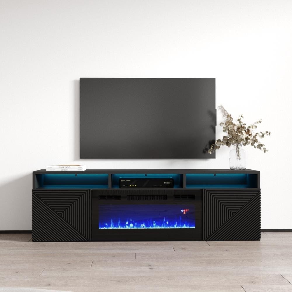 Meble Furniture Giza BL-EF 63'' Floating Fireplace TV Stand - Modern High Gloss TV Stand with Storage Cabinets - Central Entertainment Center Console Table for TVs up to 70" - Black