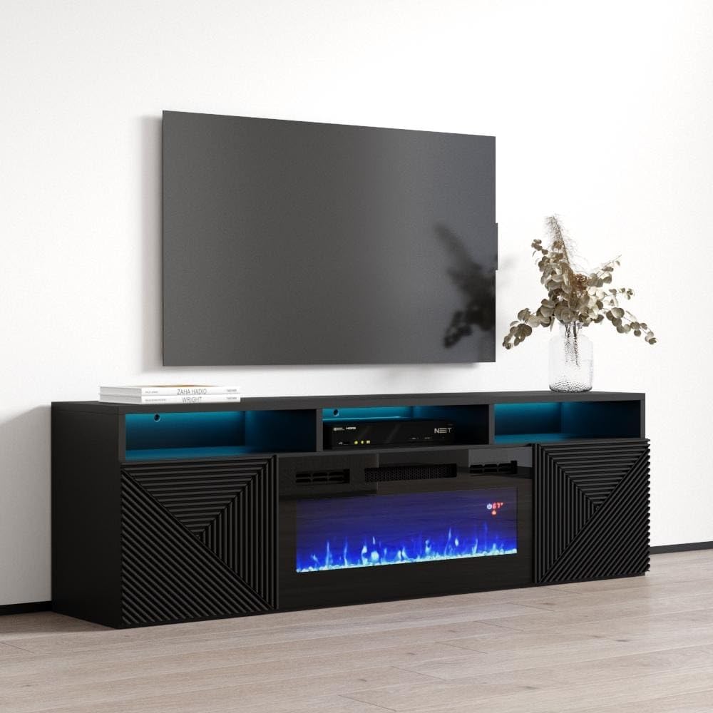 Meble Furniture Giza BL-EF 63'' Floating Fireplace TV Stand - Modern High Gloss TV Stand with Storage Cabinets - Central Entertainment Center Console Table for TVs up to 70" - Black