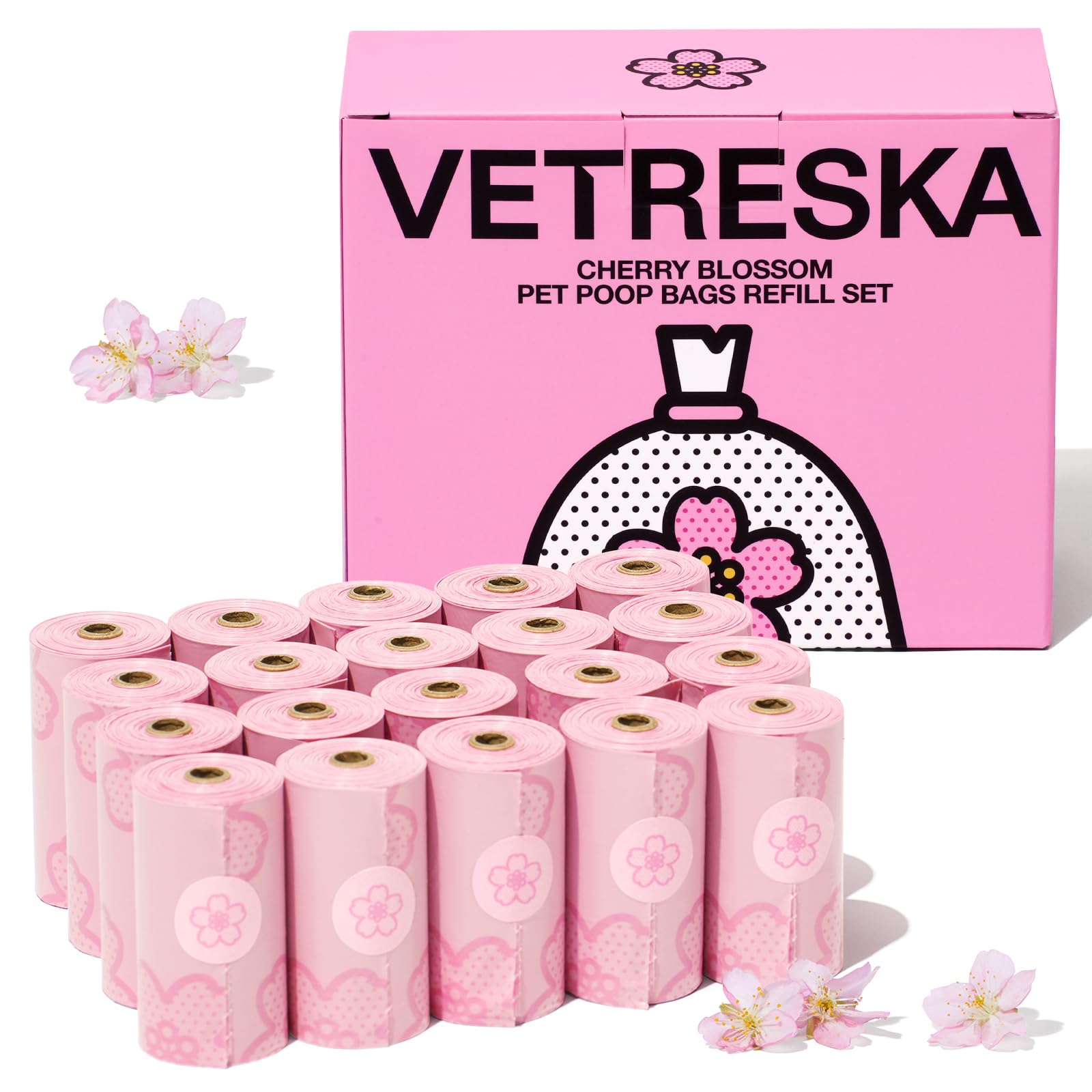 VETRESKA Cherry Blossom Scented Dog Poop Bags, Leak Proof, Extra Thick and Large Dog Waste Bags for Dog Walking and Cat Litter, 20 Refill Rolls, 300 Bags, Pink