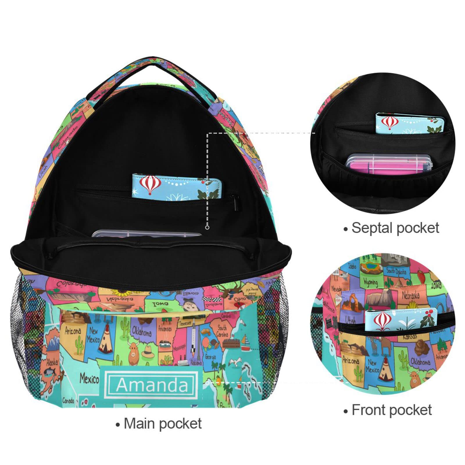 Custom United States Map Backpack for Boys Girls Personalized Your Name Text Bookbag Animal World Kids School Backpacks 3rd 4th 5th Grade Laptop Daypacks