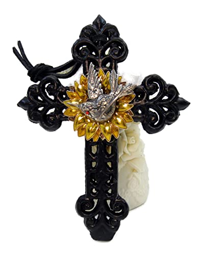 Upscaled Black Metal SUNFLOWER Hummingbird WALL CROSS Decor, Hummingbird Cross, Office home cross, upcycled religious art, Christian gift