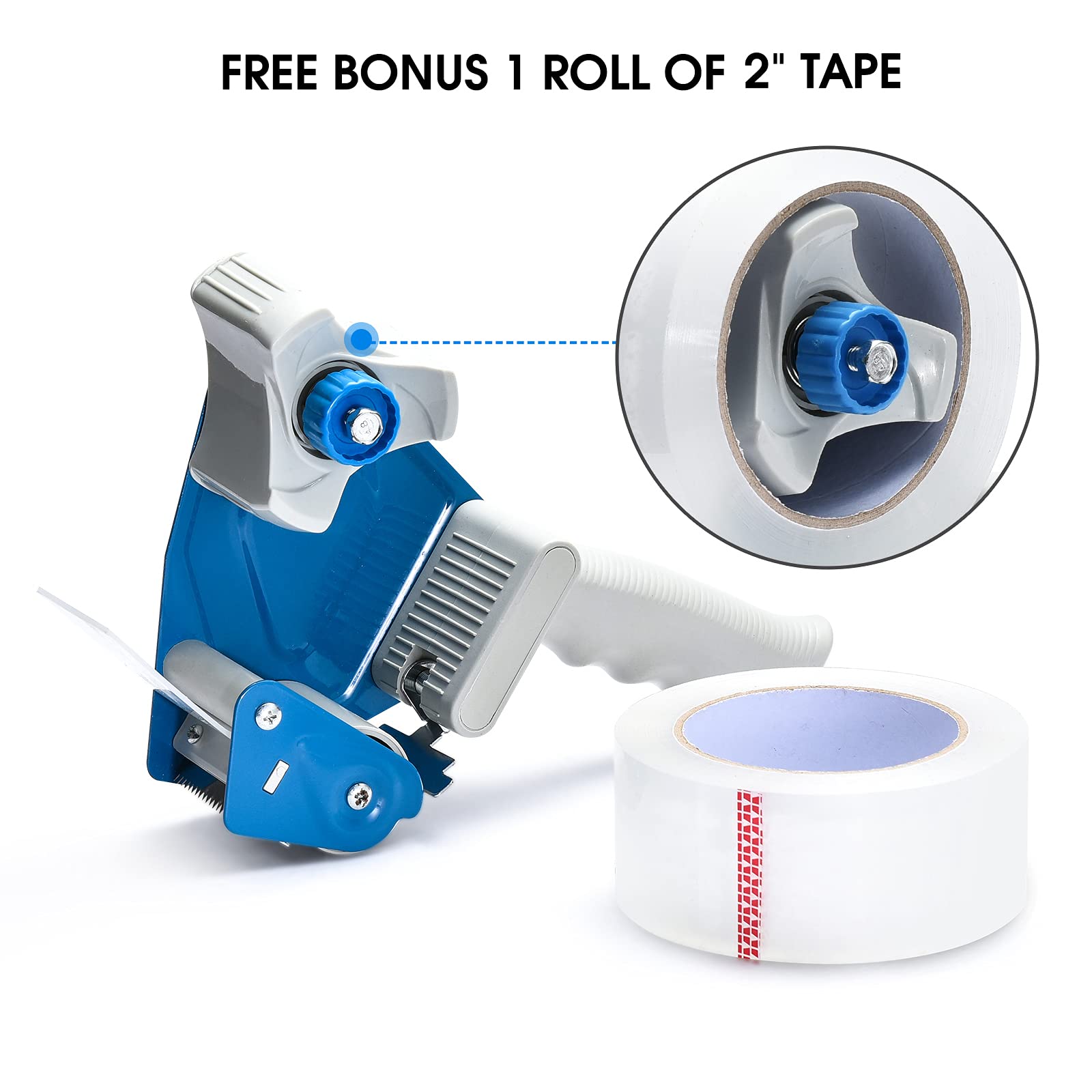 Packing Tape Dispenser Gun, Pacific Mailer 2 Inch Tape Gun Dispenser with 2 Inch Carton Packing Tape, Lightweight Industrial Side Loading Tape Dispenser - Blue