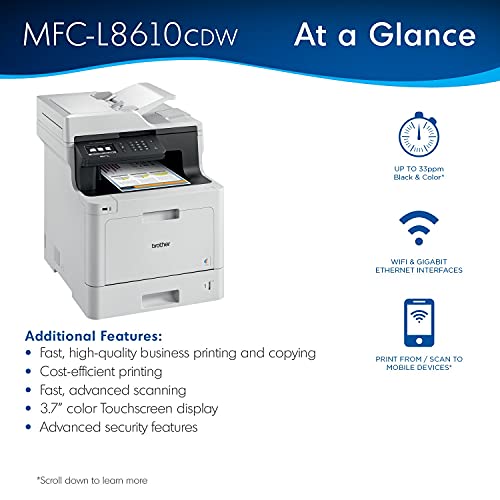 Brother MFC-L8610CD All-in-One Color Wireless Laser Printer for Home Office - Print Copy Scan Fax - 33 ppm, 600 x 2400 dpi, 8.5 x 14, Automatic Duplex Printing, 50-Sheet ADF - BROAG Printer Cable