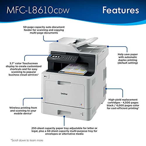 Brother MFC-L8610CD All-in-One Color Wireless Laser Printer for Home Office - Print Copy Scan Fax - 33 ppm, 600 x 2400 dpi, 8.5 x 14, Automatic Duplex Printing, 50-Sheet ADF - BROAG Printer Cable