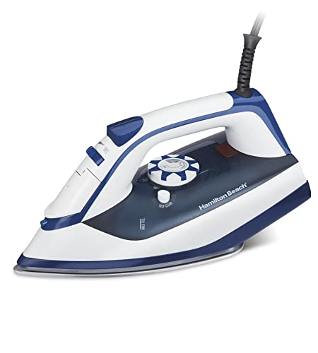 Hamilton Beach Iron & Steamer for Clothes with Smooth Press Stainless Steel Soleplate, 3-Way Auto Shutoff, 1500 Watts for High-Velocity Steam, 10’ Cord, Leak-Proof Anti-Drip, White (14650)