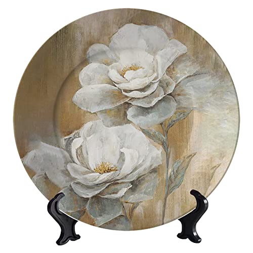 White and Gold Painting Decorative Plate Festival Gift Round Ceramic Plate for Living Room Bedroom Hallway Console Side Table Decor - 7 inches