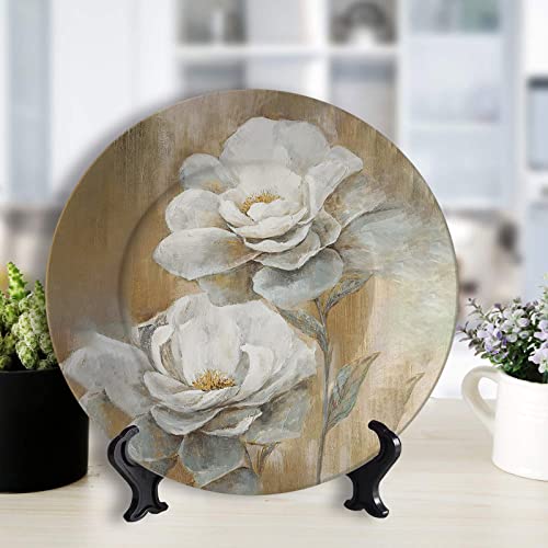 White and Gold Painting Decorative Plate Festival Gift Round Ceramic Plate for Living Room Bedroom Hallway Console Side Table Decor - 7 inches