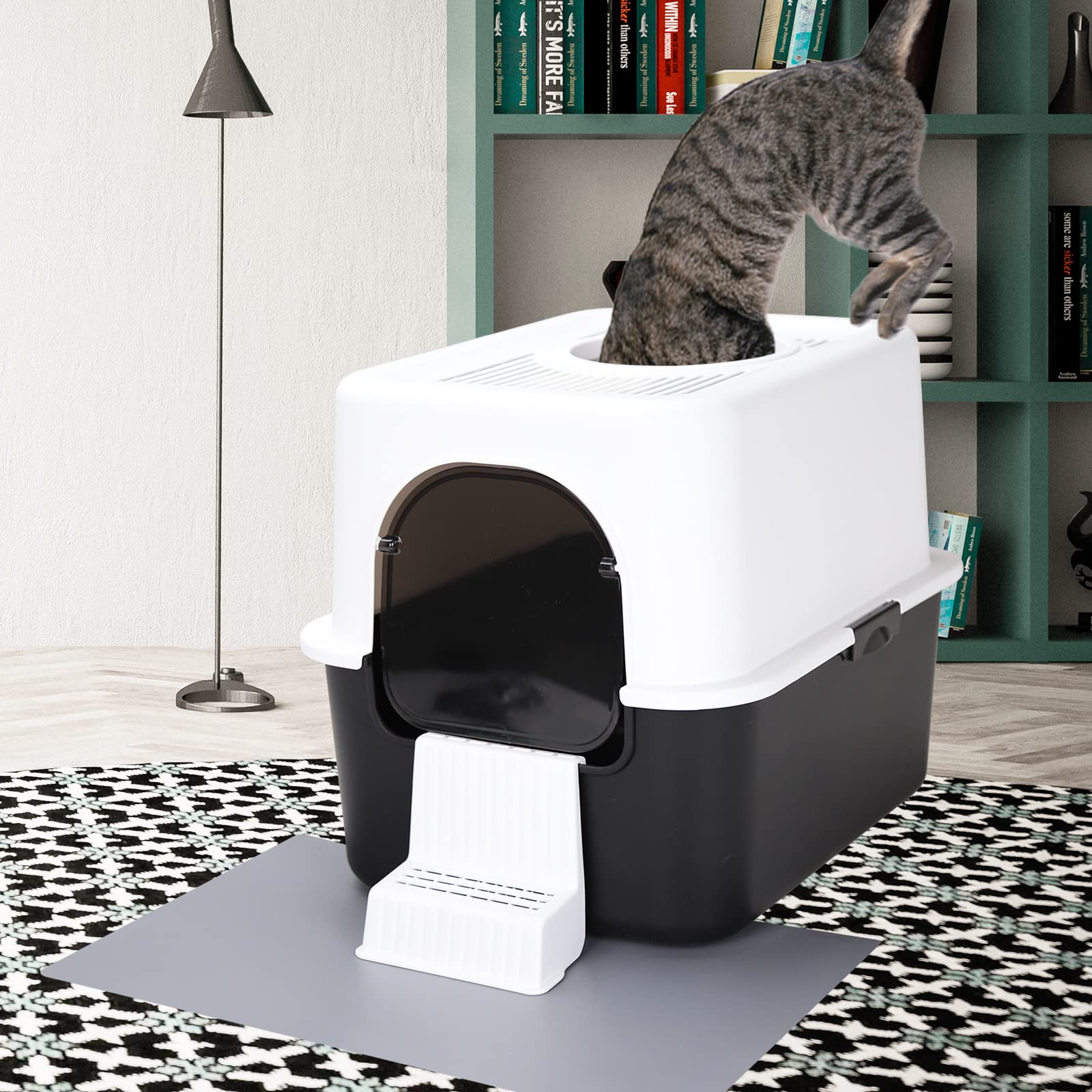 Sfozstra Cat Litter Box with Lid, Fully Enclosed Splash-Proof and Leak-Proof Urine High Edge and Odorless Cat Litter Box, Easy to Installation and Clean (Black(S)