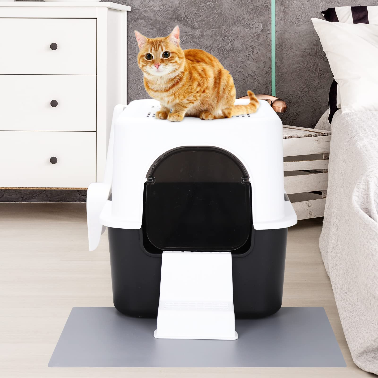 Sfozstra Cat Litter Box with Lid, Fully Enclosed Splash-Proof and Leak-Proof Urine High Edge and Odorless Cat Litter Box, Easy to Installation and Clean (Black(S)