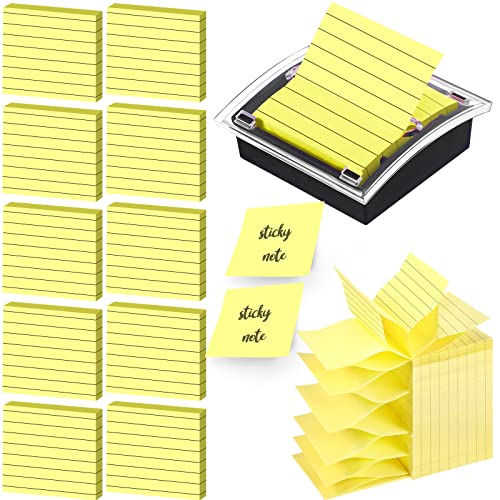 10 Pads Lined Post Notes with Pop up Sticky Note Dispenser Holder 3x3 Inch Clear Top Black Base, Self Stick Notes with Lines Adhesive Ruled Memo Pads Refills, 100 Sheets/pad
