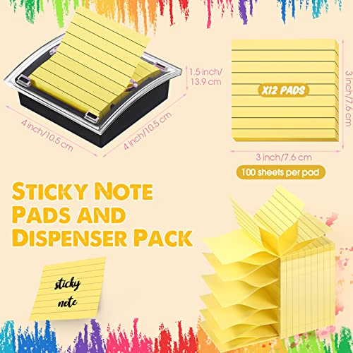 10 Pads Lined Post Notes with Pop up Sticky Note Dispenser Holder 3x3 Inch Clear Top Black Base, Self Stick Notes with Lines Adhesive Ruled Memo Pads Refills, 100 Sheets/pad