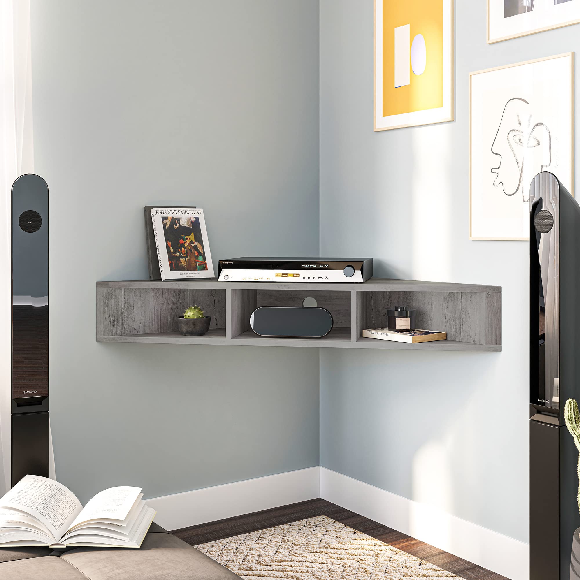 BELLEZE 47 Inch Modern Floating Wall Mounted Corner Shelf, TV Console with Three Shelves and A Cable Cutout, Space Saving Decorative Media Corner Storage - Russel (Gray Wash)