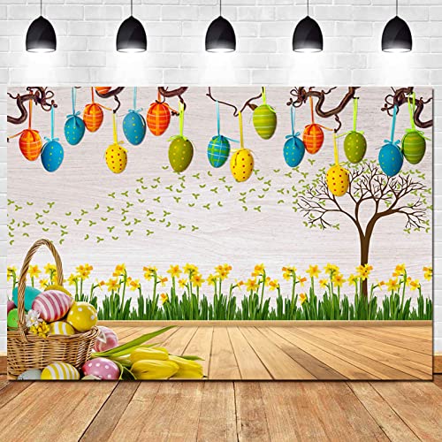 Spring Happy Easter Theme Photography Backdrops Colorful Eggs Bokeh Floral Photo Background Kids Baby Shower Party Dessert Cake Table Decor Studio Shoot Booth Props 5x3ft