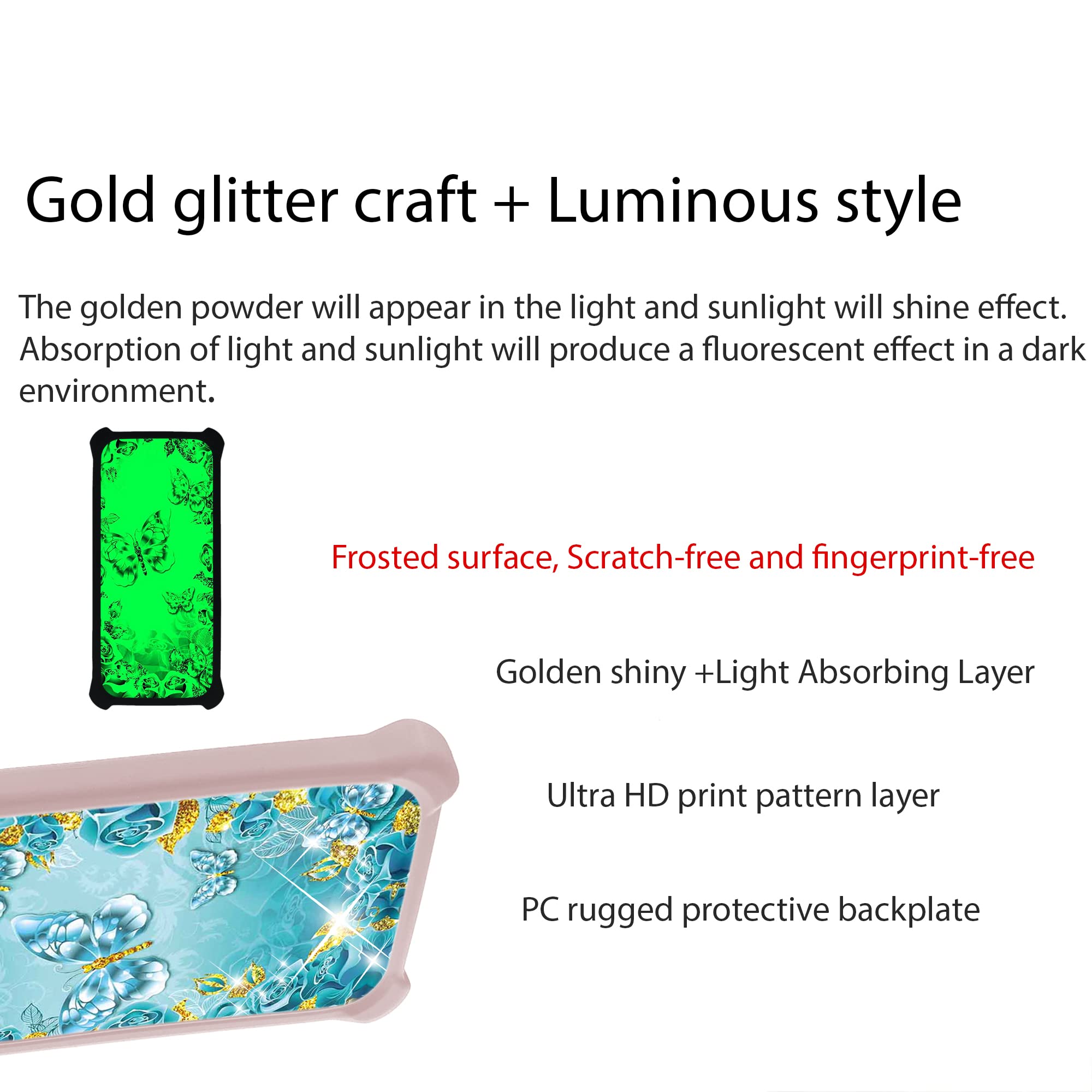 Case for Moto Thinkphone Case Compatible with Motorola Thinkphone Phone Case Cover [with Tempered Glass Screen Protector][Hard PC + Soft Silicone][Ring Support] [Gold Glitter+Luminous] JSF-YHD