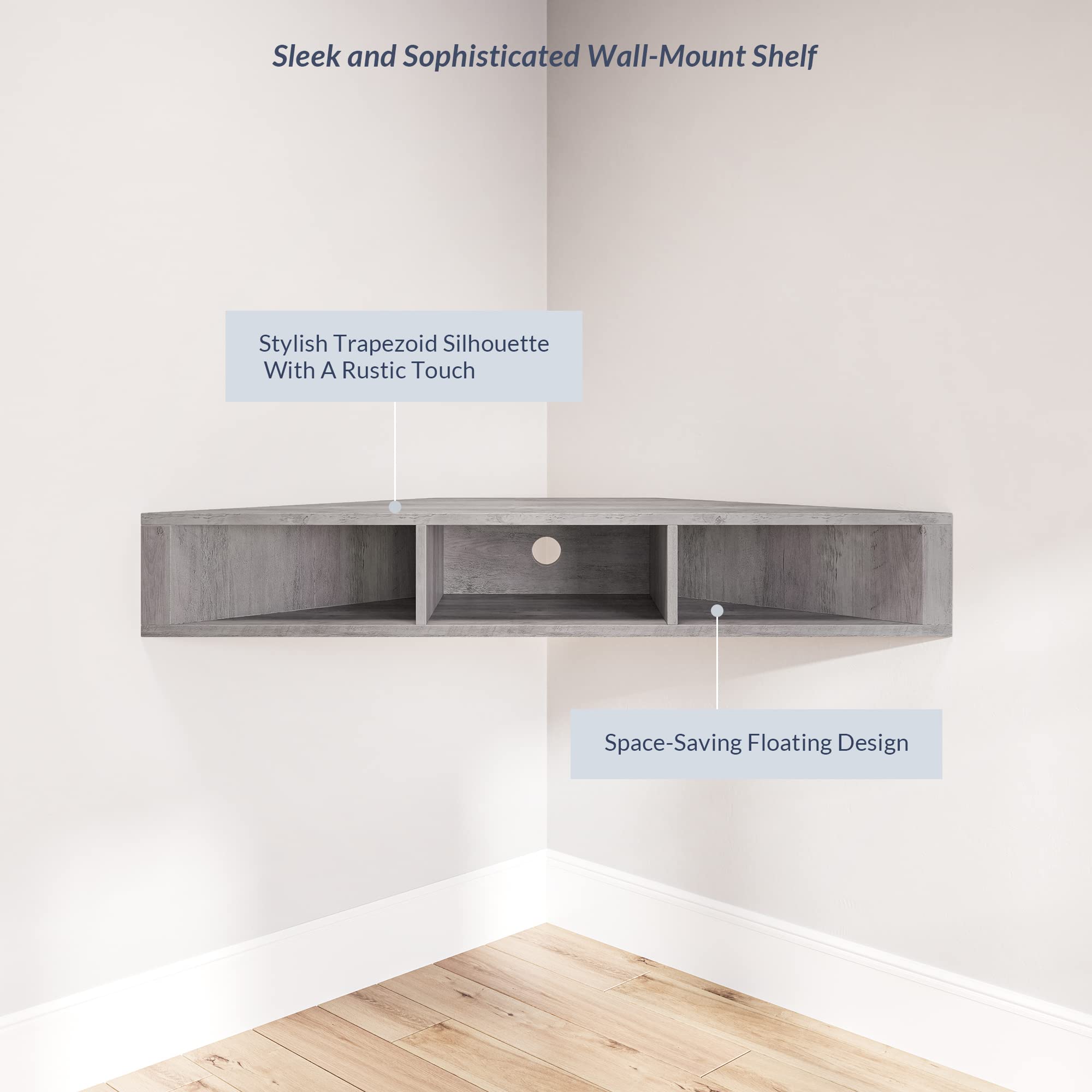 BELLEZE 47 Inch Modern Floating Wall Mounted Corner Shelf, TV Console with Three Shelves and A Cable Cutout, Space Saving Decorative Media Corner Storage - Russel (Gray Wash)