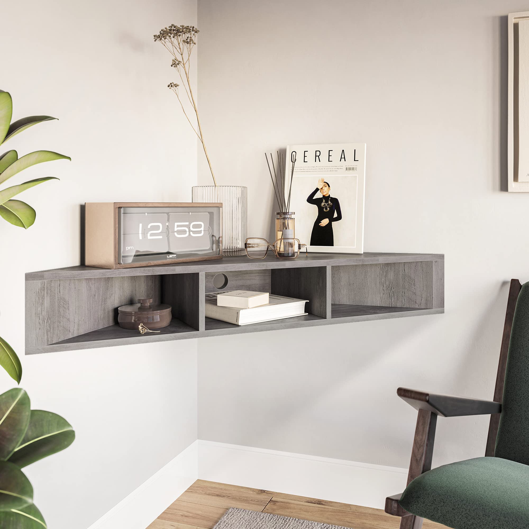 BELLEZE 47 Inch Modern Floating Wall Mounted Corner Shelf, TV Console with Three Shelves and A Cable Cutout, Space Saving Decorative Media Corner Storage - Russel (Gray Wash)
