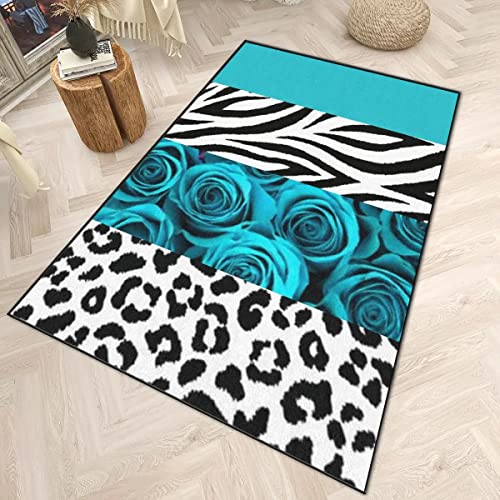 Modern Leopard Print Turquoise Rose Area Rug Teal Flower Hallway Runner Carpets Wild African Animal Pattern Non-Slip Floor Mat for Living Room Bedroom Dining Room Studio Women Room Decor