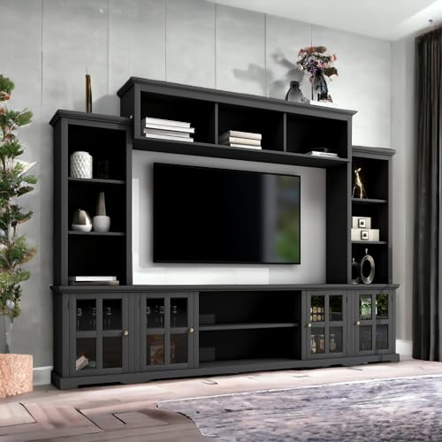 Mid-Century Entertainment Wall Unit for Living Room with Storage Bridge, TV Stand for 60 65 Inch TVs, Wood TV Media Console Table with Shelves, Gaming Entertainment Center with Bookshelves, Black