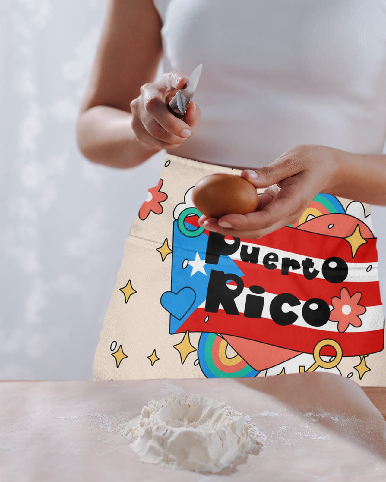 Puerto Rico Flag Rainbow Server Aprons with Pockets, Waiter Waitress Aprons Waterproof, Khaki Star Hearts Half Waist Apron for Restaurant Women Men, 24 x 13 Inch