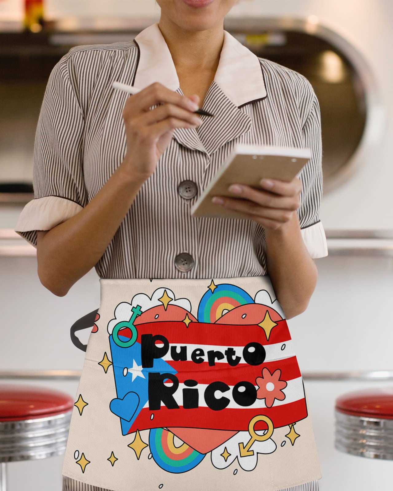 Puerto Rico Flag Rainbow Server Aprons with Pockets, Waiter Waitress Aprons Waterproof, Khaki Star Hearts Half Waist Apron for Restaurant Women Men, 24 x 13 Inch
