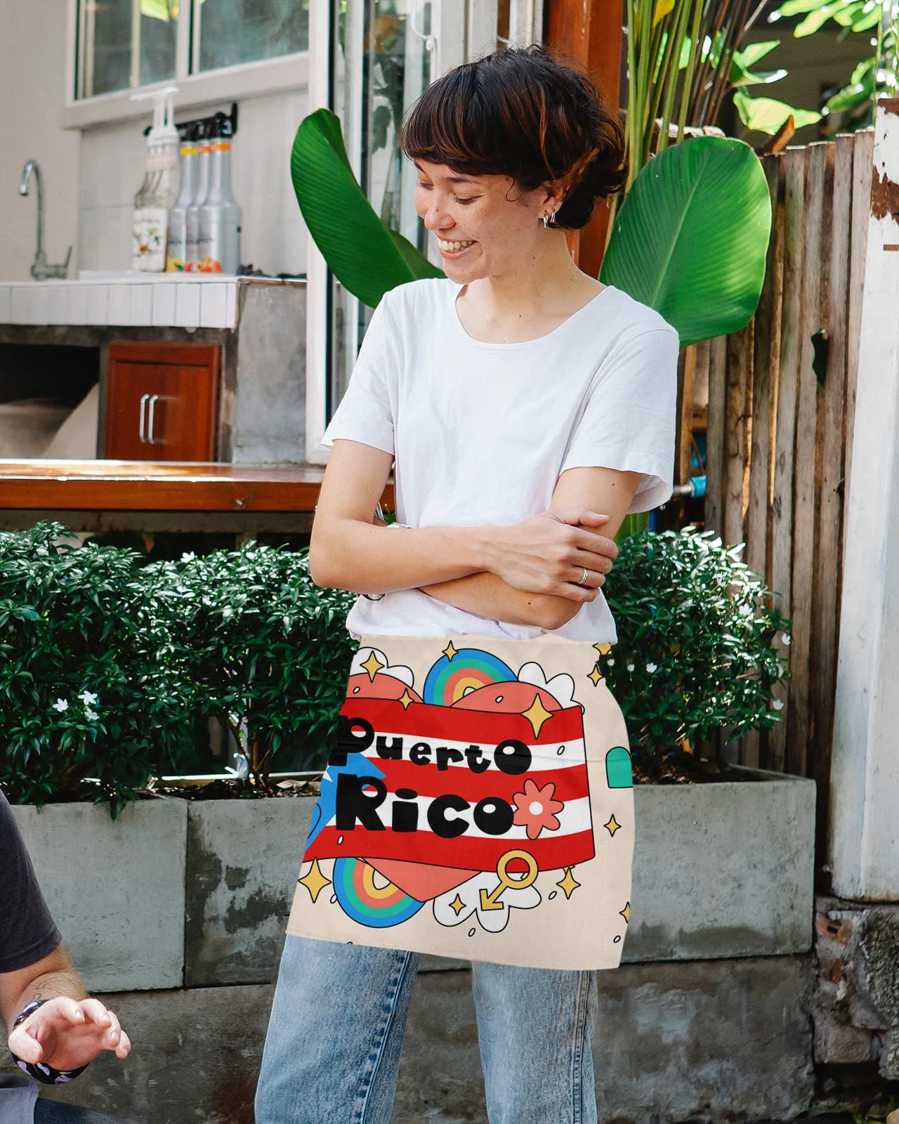 Puerto Rico Flag Rainbow Server Aprons with Pockets, Waiter Waitress Aprons Waterproof, Khaki Star Hearts Half Waist Apron for Restaurant Women Men, 24 x 13 Inch