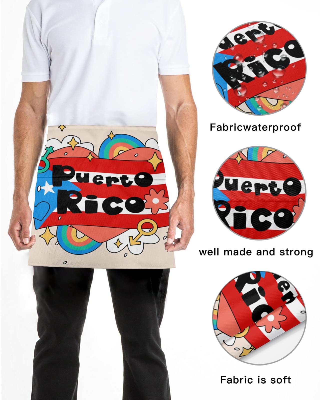 Puerto Rico Flag Rainbow Server Aprons with Pockets, Waiter Waitress Aprons Waterproof, Khaki Star Hearts Half Waist Apron for Restaurant Women Men, 24 x 13 Inch