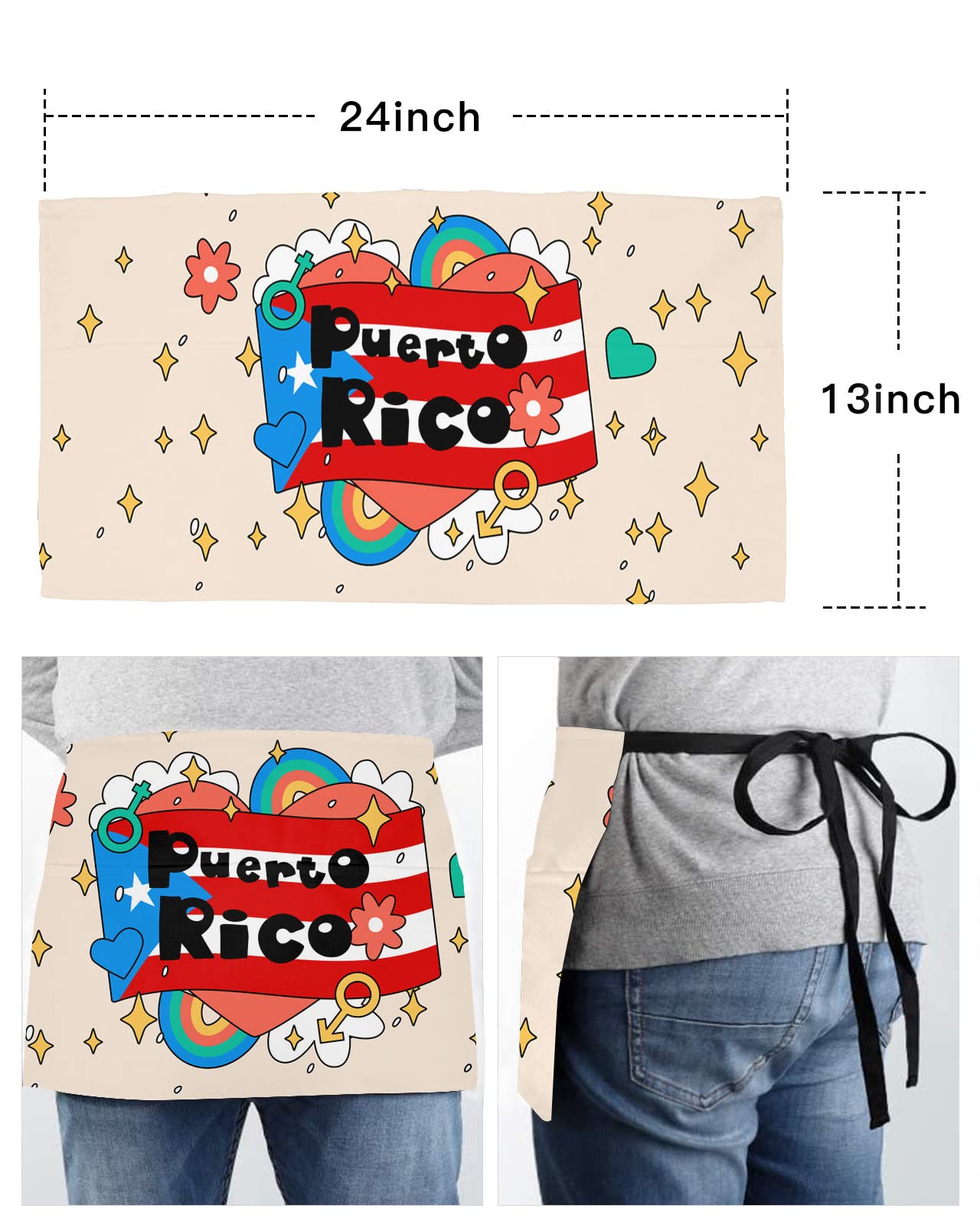 Puerto Rico Flag Rainbow Server Aprons with Pockets, Waiter Waitress Aprons Waterproof, Khaki Star Hearts Half Waist Apron for Restaurant Women Men, 24 x 13 Inch