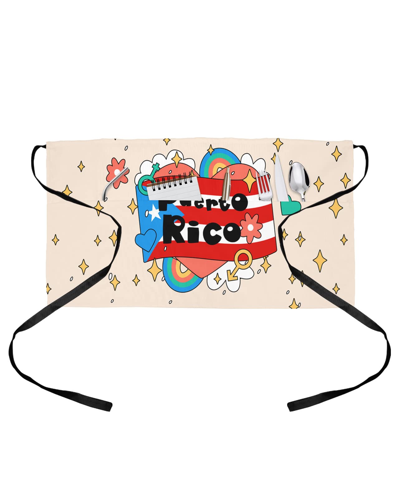 Puerto Rico Flag Rainbow Server Aprons with Pockets, Waiter Waitress Aprons Waterproof, Khaki Star Hearts Half Waist Apron for Restaurant Women Men, 24 x 13 Inch