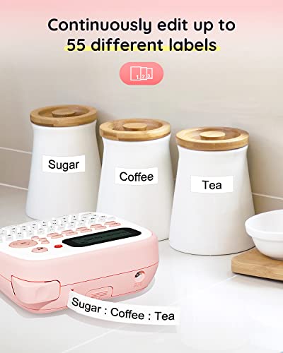 Pink Label Maker Machine with Tape D210S Portable Labeler Label Printer for Labeling with 4 Laminated Label Tapes JM231, QWERTY Keyboard Label Maker, AC Adapter Easy-to-Use, Multiple Line Labeling