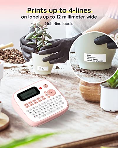 Pink Label Maker Machine with Tape D210S Portable Labeler Label Printer for Labeling with 4 Laminated Label Tapes JM231, QWERTY Keyboard Label Maker, AC Adapter Easy-to-Use, Multiple Line Labeling